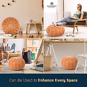 Marrakesh Gallery Genuine Leather Round Pouf Unstuffed - Moroccan Ottoman Footstool, Footrest Cover - Boho Decor - Bohemian Living Room, Bedroom, Kids Room, Gift & Wedding