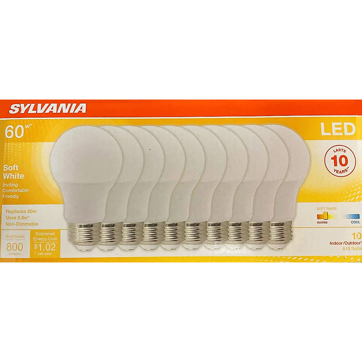 (10 Pack) Sylvania LED A19 60 watt Equivalent Soft White LED Light Bulb