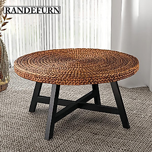 RANDEFURN Round Coffee Table, Seagrass Coffee Solid Pine Wood X Base Frame Cocktail Table, Easy Assembled, Multiple Sizes for Living Room, 32 x 17 Inches,Gold