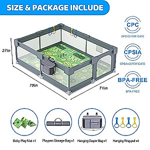 79" x 71" Baby Playpen with Mat - Baby Playards Extra Large Play Pen for Toddlers Safety Play Yard Indoor Activity Center with Hanging Bag, Zipper Gate, Soft Breathable Mesh (Gray)