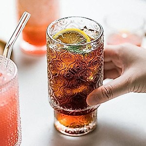 Glass Cups Vintage Glassware | Set of 4 Large, Embossed Stackable Pattern Style Transparent Cocktail Glasses Set, Ice Coffee Cup Juice Drinkware, Clear, 310ml (L)