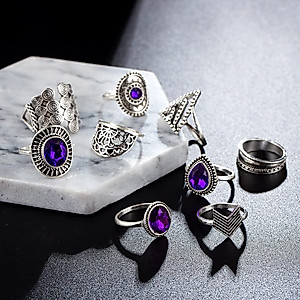 Octwine Statement Purple Crystal Rings Silver Knuckle Rings Queen Rings Jewelry Accessory for Women (9 pcs)