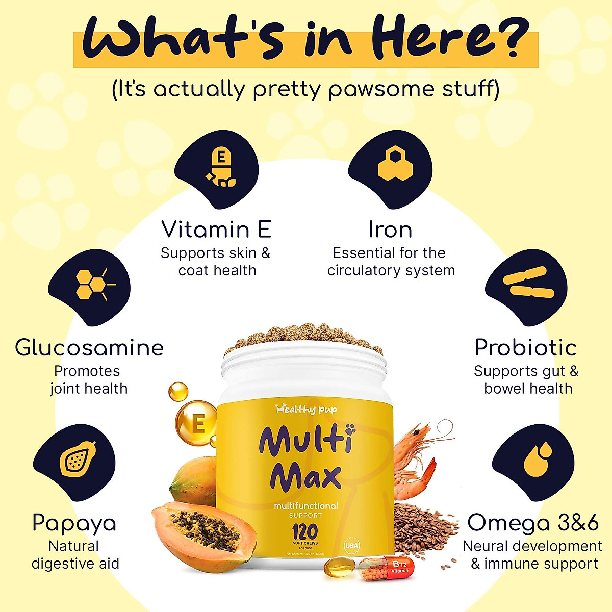 Dog Multivitamin Supplement - 120 Soft Chew Dog Vitamins and Supplements with Omega, Probiotics, Glucosamine, and More - for Small, Large, and Senior Dogs