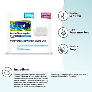 CETAPHIL Gentle Cleansing Bar, 4.5 oz Bar (Pack of 6), Nourishing Cleansing Bar For Dry, Sensitive Skin, Non-Comedogenic, (Packaging May Vary)