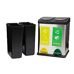 Mind Reader 2-Section Stainless Steel Recycle Bin 24 Liter/ 6.5 Gallon, Metal Recycling Bin