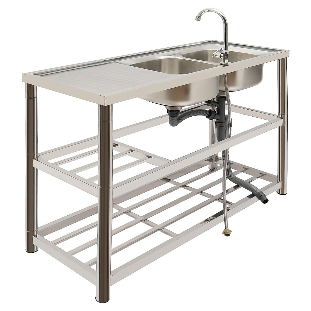 Stainless Steel Commercial Kitchen Sink Utility Sink 47 Inch Width with Prep Table 360 ° Rotatable Faucet 2 Compartment Storage Shelves