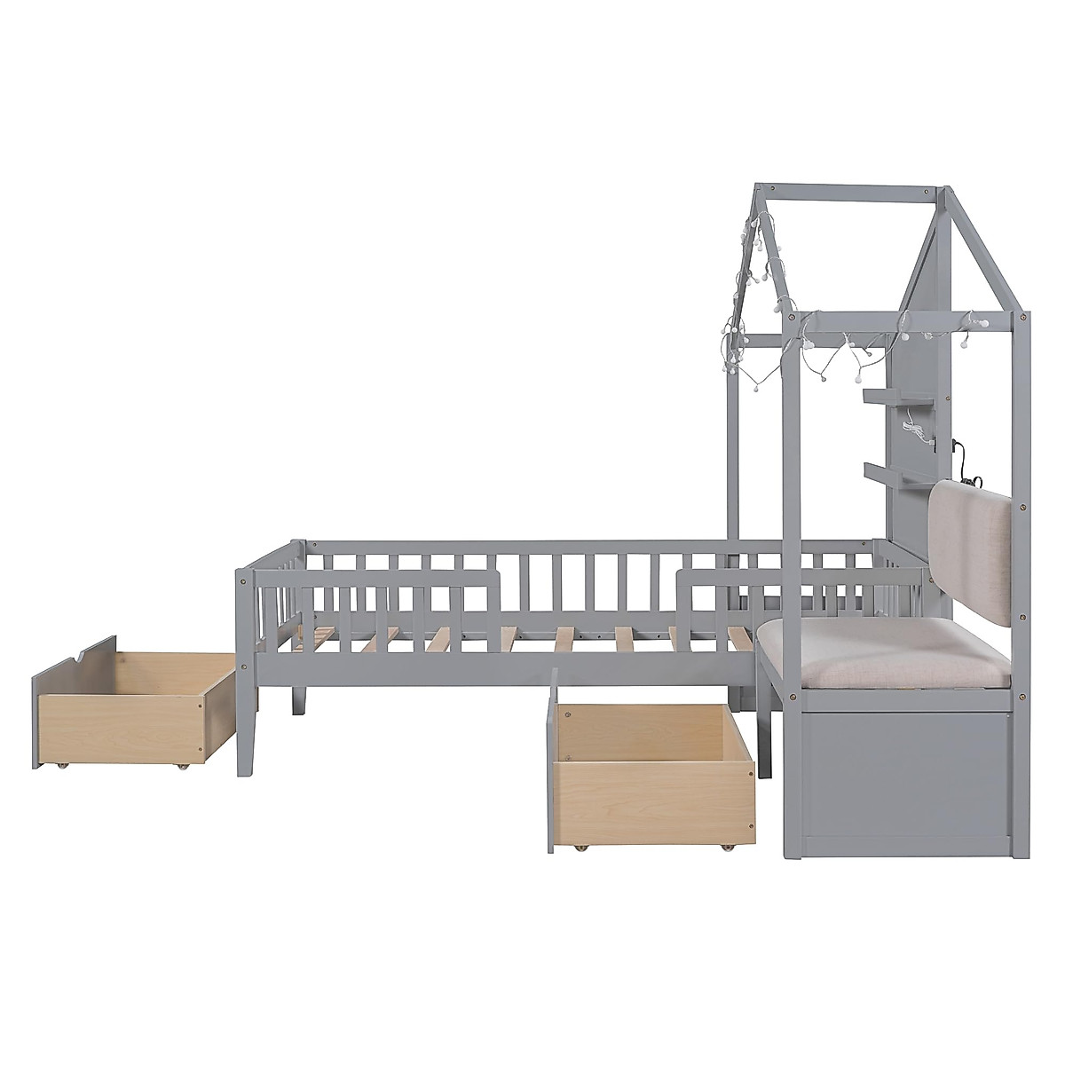 Twin House Bed for Kids, House Platform Bed with Upholstered Sofa, Charging Station, Wireless Charging, Storage Shelves and Two Drawers, Light Strip Included, Gray
