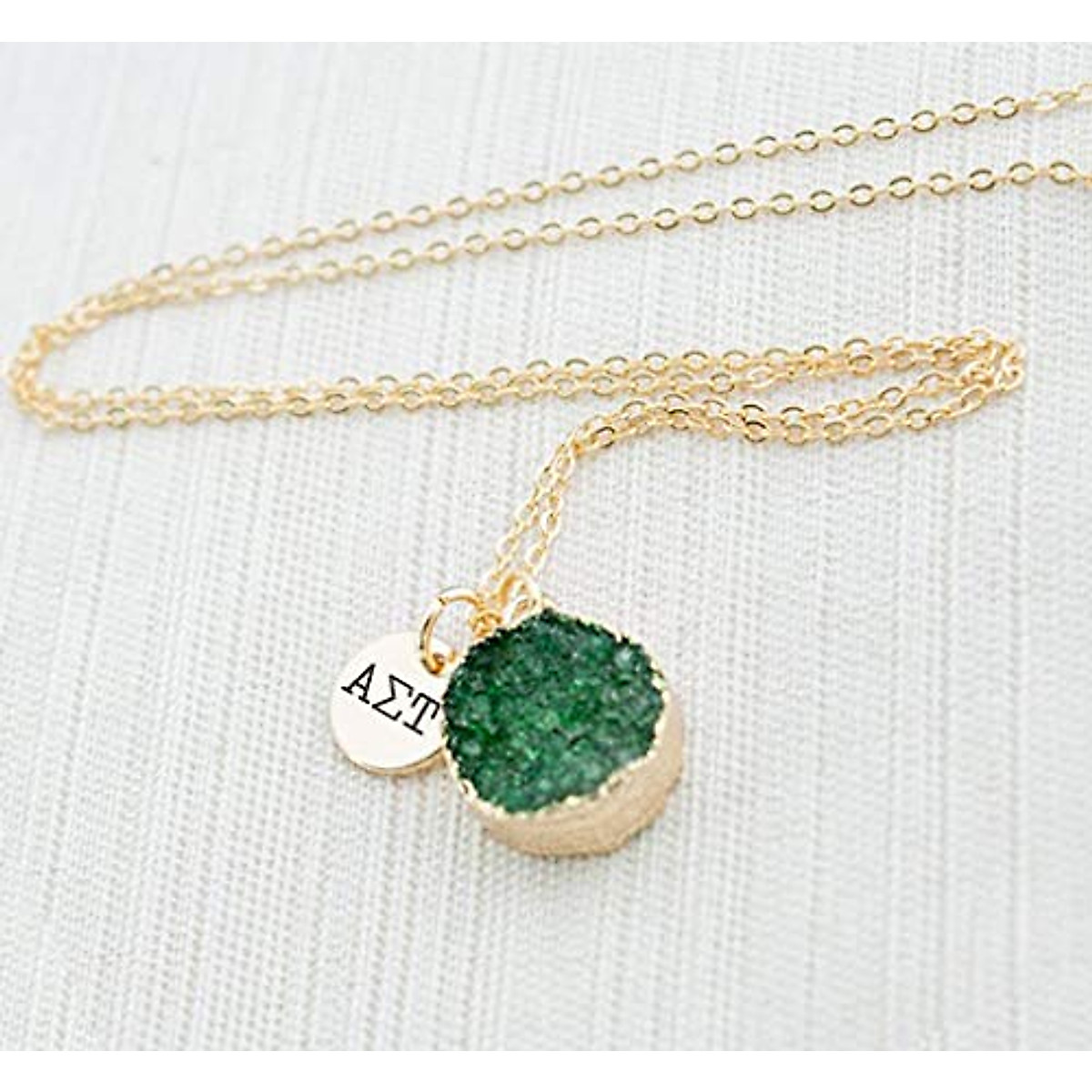 Sorority Shop AST Necklace - Alpha Sigma Tau Green Druzy Gemstone Necklace With Engraved Pendant – 14K Gold Dipped Jewelry with Green Gemstone – Sorority Gift, Charm Paraphernalia