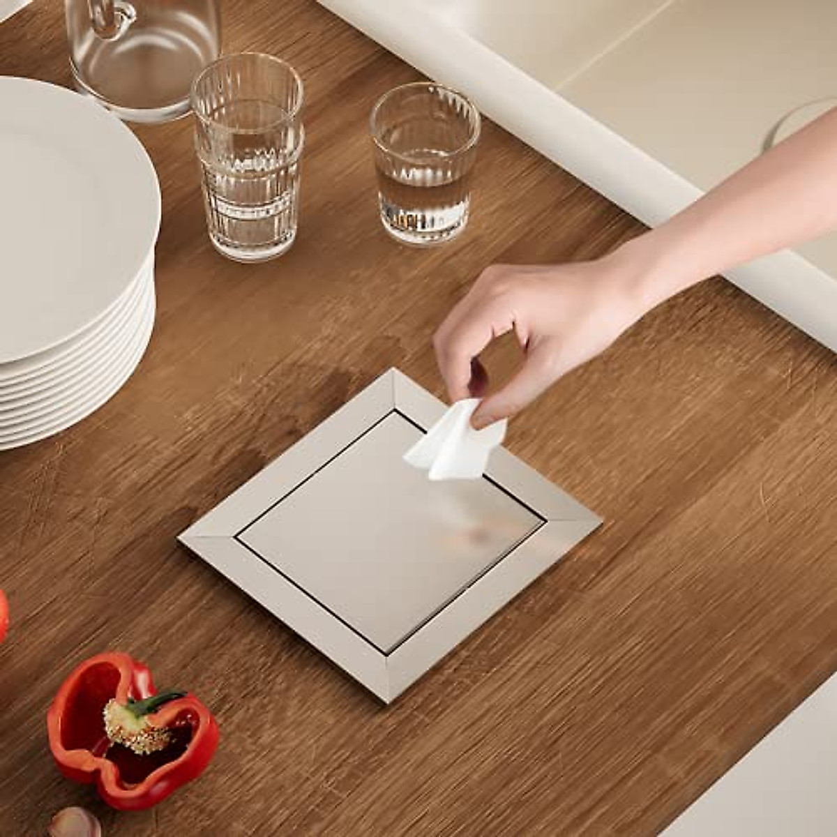 AEGIFT Trash Can Lid Square Trash Chute Built-in Countertop Trash Grommet Stainless Steel Swing Lid Waste Chute for Kitchen & Bathroom