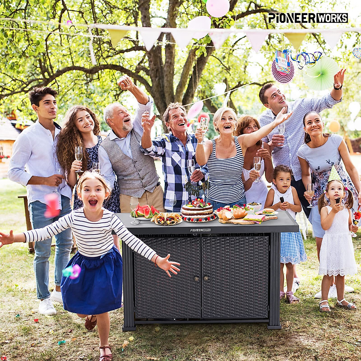 44 Inch Propane Fire Pit Table, PioneerWorks 50000BTU Rectangle Fire Table with Cover & Rain Cover, Sturdy Steel and Iron Fence Surface, CSA Safety Certified, Companion for Your Garden (Double Door)