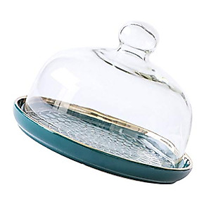 YARNOW Ceramic Tray with Dome Glass Dessert Cover Rustic Cake Stand Desert Platter Ceramic Serving Tray Cheese Cloche Dome for Desserts Fruits Snack Candy (6 Inch)