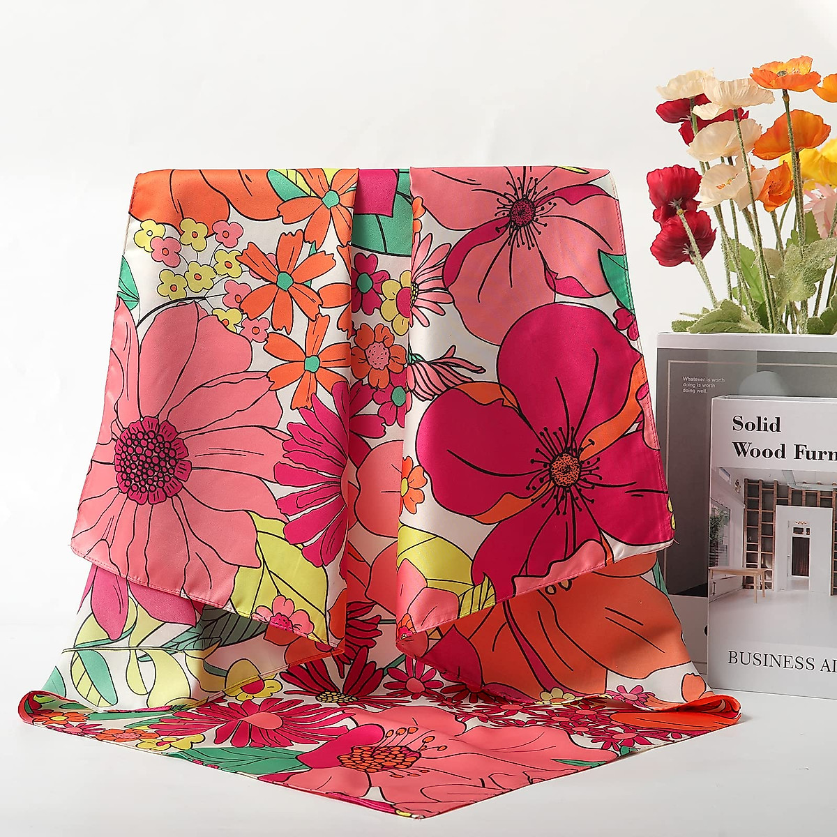 AWAYTR 35” Silk Scarf for Women Large Head Scarf Square Hair Scarf Satin Hair Bandana Printed Silk Sleeping Head Wrap (Colorful flower(Rose red))