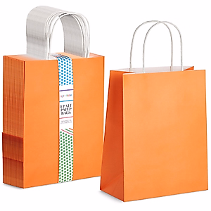 BLUE PANDA 25-Pack Orange Gift Bags with Handles - Medium Size Paper Bags for Birthday, Wedding, Retail (8x3.9x10 In)
