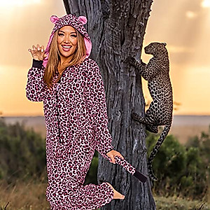 Funziez! Womens Slim Fit Leopard One Piece Animal Costume - Comfortable Jumpsuit (Pink, Medium)