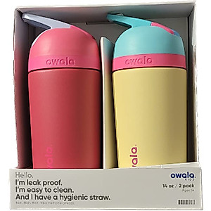 Owala Kids (Pink/Pink and Teal/Yellow) 14 Oz. Water Bottle Carry Loop With Integrated Lock Hygienic Flip Straw Colored Straw Leak Proof Insulated Stainless Steel Perfect Size For Small Hands