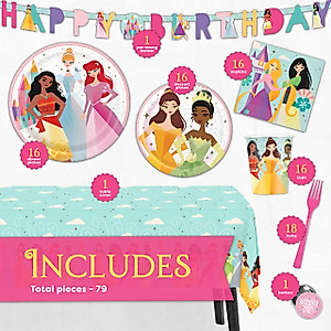 Disney Princess Birthday Decorations Set | Disney Princess Party Decorations | Disney Princess Party Supplies | With Tablecloth, Large Plates, Cake Plates, Napkins, Cups, Banner | Serves 16 Guests