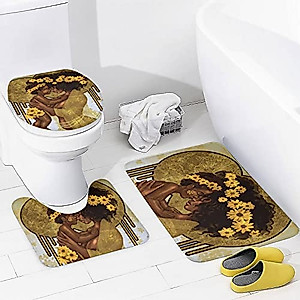 African Black Women Bathroom Shower Curtain Sets with Rugs, Black Girl Shower Accessories and Bathroom Decor,70.9" Length 4-Piece Set - 1 Shower Curtain & 3 Toilet Mat and Lid Cover