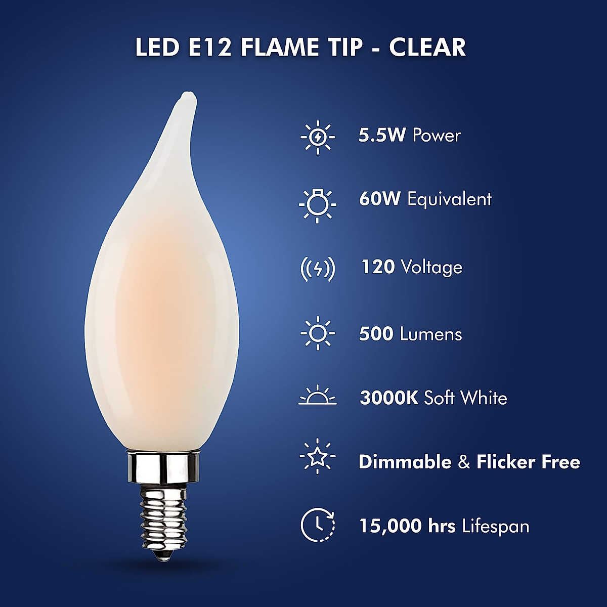 Xtricity LED 5.5W Flame Tip Filament Candelabra Light Bulbs, 60W Equivalent, 500 Lumens, 3000K Soft White, Dimmable, 120V, E12 Candelabra Base, Energy Star, (6 Pack)
