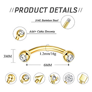 JOERICA 12Pcs 16G Rook Daith Earrings for Women Stainless Steel Eyebrow Piercing Jewelry Curved Barbell Short Belly Lip Rings 6mm 8mm