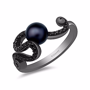 Jewelili Enchanted Disney Fine Jewelry Black Rhodium over Sterling Silver 6.5 MM Black Round Pearl and 1/5 Cttw Treated Black Round Diamond Ursula Ring, Size 8