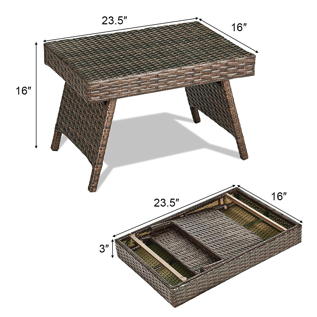 RELAX4LIFE Patio Rattan Side Table - Folding Coffee Table with Premium Brown PE Wicker & High-Duty Steel Frame, Outdoor Beside Table for Garden, Courtyard, Poolside (Brown)