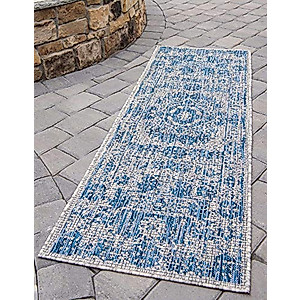 Unique Loom Outdoor Traditional Collection Area Rug - Timeworn (2' x 8' Runner, Blue/ Gray)
