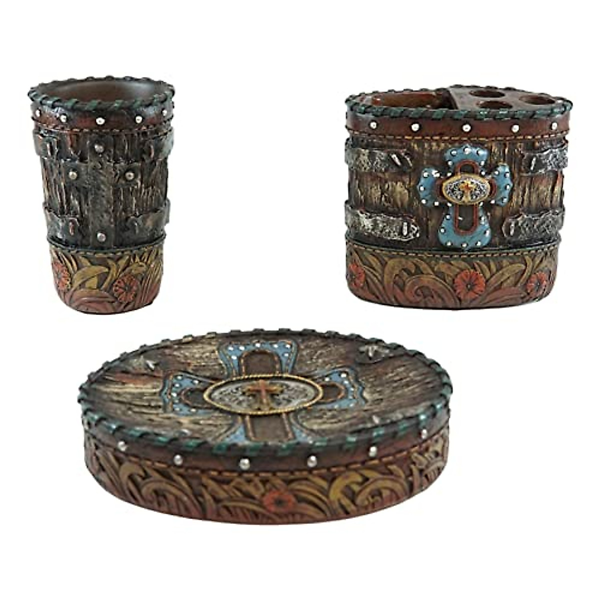 Ebros Gift Rustic Western Old World Country Blue Cross with Concho and Nailheads in Faux Distressed Wood Finish with Floral Patterns (Tumbler Cup, Soap Dish and Toothbrush Holder Set of 3)