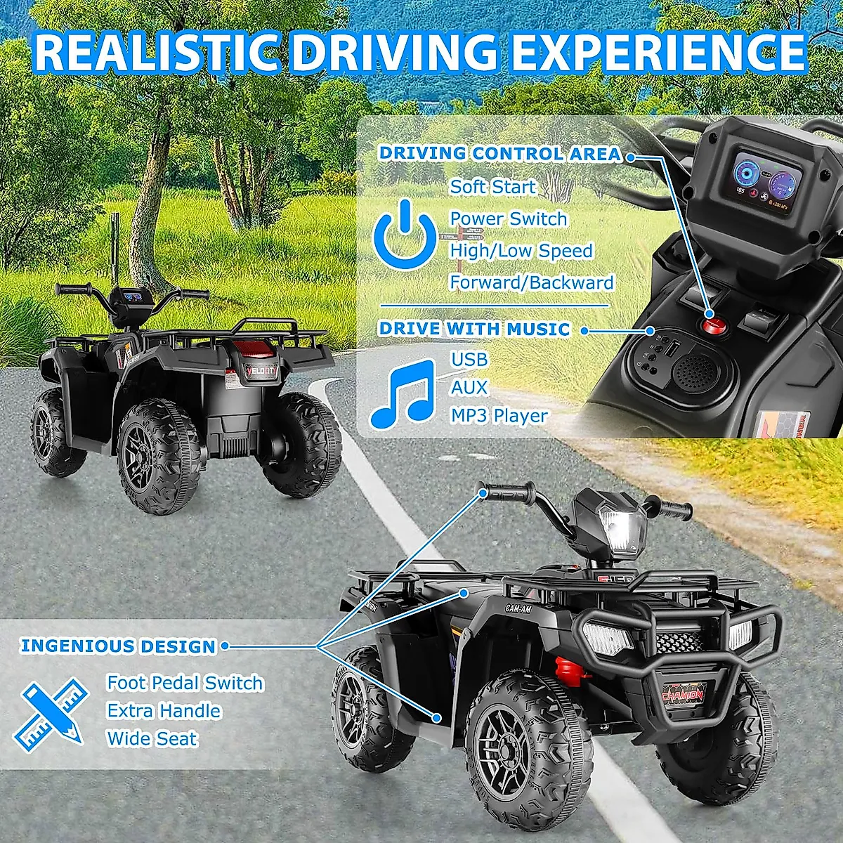 Hikole 12V Kids Ride On Electric ATV, 4 Wheeler Quad Car for Girls Boys w/LED Lights, Music, High/Low Speed,Treaded Tires, 4 Wheeler for Kids(Black)