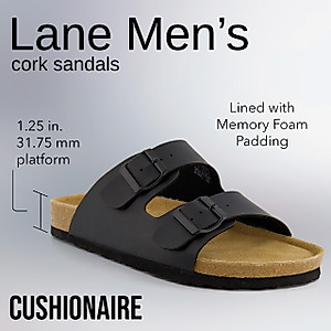 CUSHIONAIRE Men's Lane Cork footbed Sandal with Adjustable Buckle Straps +Comfort, Black Nappa 8
