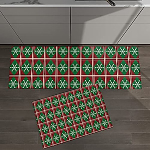 Miaklek Christmas Snowflakes Kitchen Mats for Floor Anti Fatigue Mats for Kitchen Floor Kitchen Rugs Cushioned Mats Non Slip Comfort Standing Kitchen Rugs Set of 2, Red and Green Rhombus Lattice
