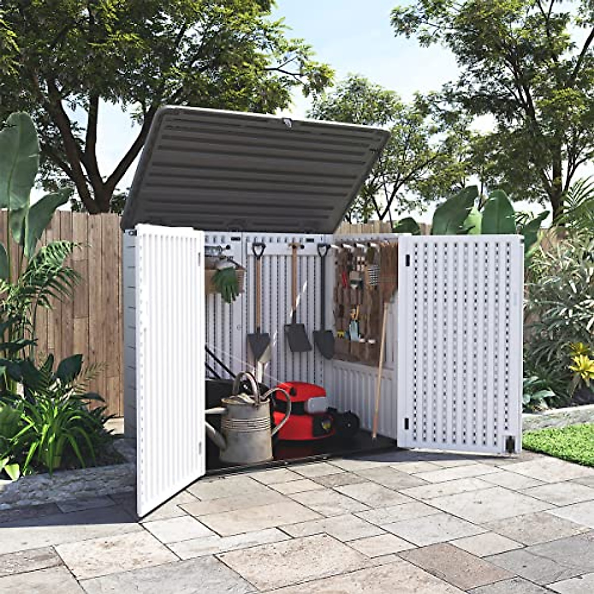 KINYING Larger Outdoor Storage Shed Weather Resistance, Horizontal Outdoor Storage Box Waterproof for Garden, Patios, Backyards, 48 Cu.ft Capacity for Bike, Garbage Cans, Lawn Mower, Garden Tools