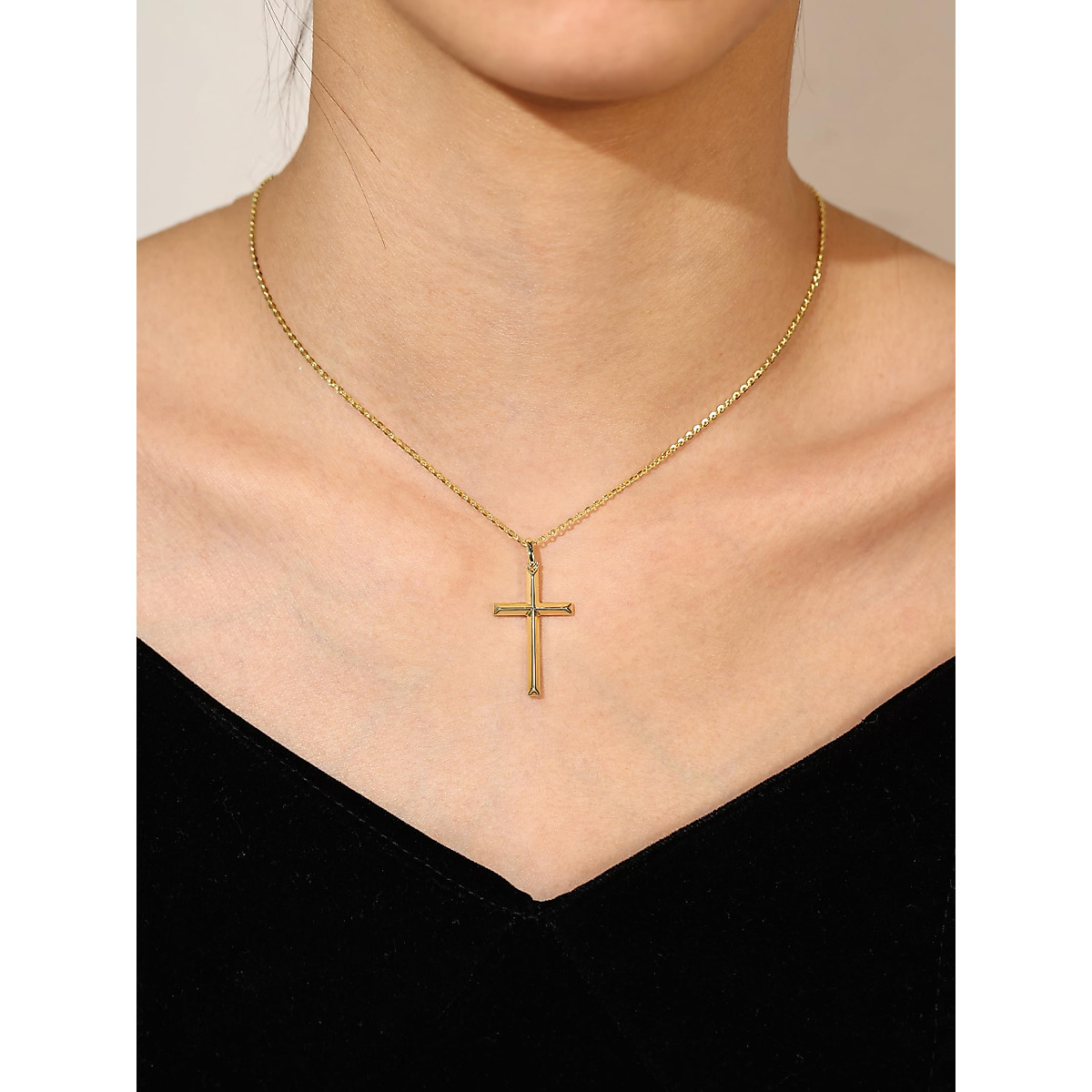 FANCIME Yellow Gold Plated 925 Sterling Silver Beveled Cross Pendant Necklace Dainty Fine Delicate Jewelry Easter Gifts for Women 18 INCHES