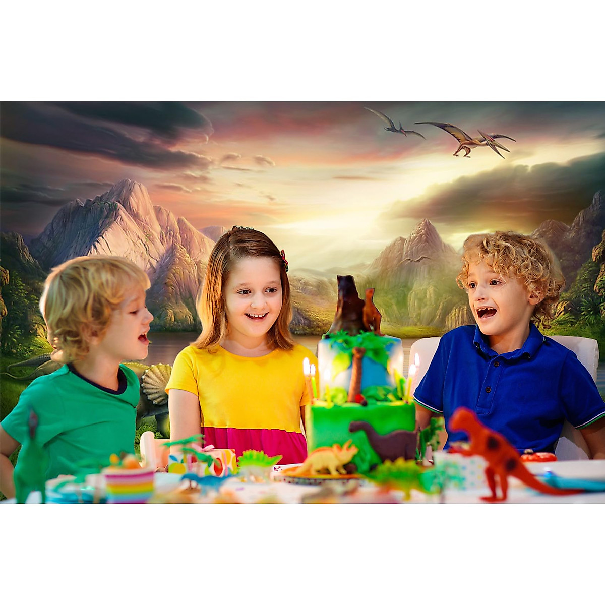 Baocicco 5x3ft Dinosaurs Theme Backdrop Boy Birthday Party Backdrop Jurassic Mesozoic Cretaceous Epoch Forest Mountains Lake Prehistoric Trees Grassland Archaeology Children Photography Background