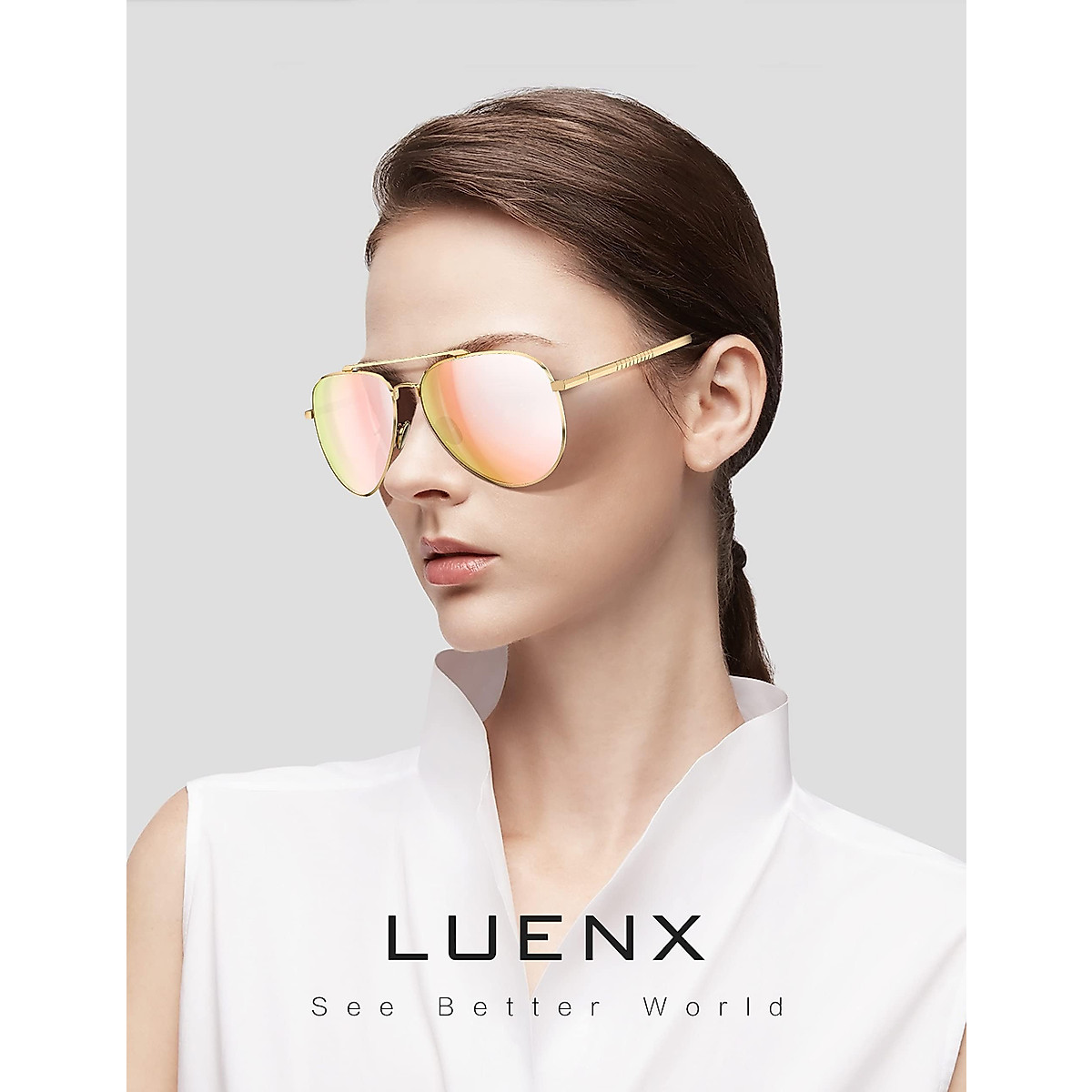 LUENX Aviator Sunglasses Polarized for Women Mirror Pink Lens Metal Gold Frame with case