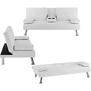 Naomi Home Transform Your Living Space with Comfort White Futon Sofa Bed with Armrest, Cupholders, & Reclining Function, Ideal for Cozy Living Rooms! Sofa Bed Couch with Metal Legs, Faux Leather