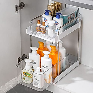 Elsjoy 2-Tier Basket Drawer Organizer, Pull-Out Cabinet Organizer Sliding Basket with Handle, Clear Basket Organizer for Under Sink, Kitchen, Bathroom, 14.5 x 10 x 16