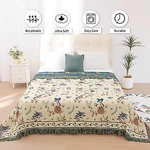 VANJOROY Boho 100% Cotton Large Throw Blanket - All Season Rustic Ultra Soft Breathable Floral Bird Blanket for Bed Sofa Couch Chair Bedspread Quilt Gift, 60" x 80"-Teal,Beige