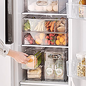 Mano 3Pack Fridge Drawer Pull Out Stackable Bins with Handle Clear Refrigerator Drawers Organizer Food Storage Container Box with Dividers Plastic Produce Saver for Pantry, Cabinet, Kitchen（2S+L）