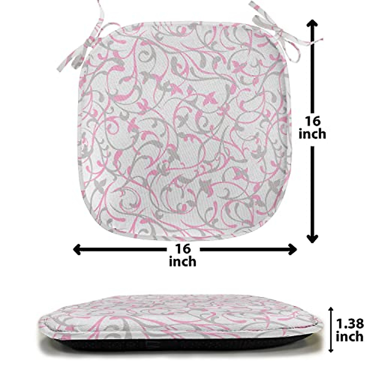 Lunarable Grey Chair Seating Cushion Set of 6, Abstract Ornate Flourish Curly Leaves with Medieval Victorian Influences, Anti-Slip Seat Padding for Kitchen & Patio, 16"x16", Pink Grey Pale Grey