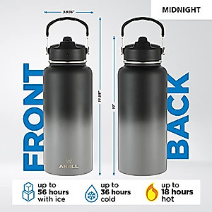 ARELL Wide Mouth Sports Water Bottle - Leakproof Vacuum Insulated for Hot & Cold Beverages - Double-Wall Metal Canteen with Sweatproof Straw Lid, Chug Cover, Fruit Infuser - 32oz Midnight