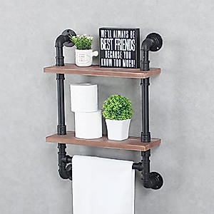 Industrial Pipe Shelving Bathroom Shelves Wall Mounted, 2-Layer 24in Rustic Wood Shelf with Towel Bar,Farmhouse Towel Rack Metal Floating Shelves Towel Holder (TypeA, Black)