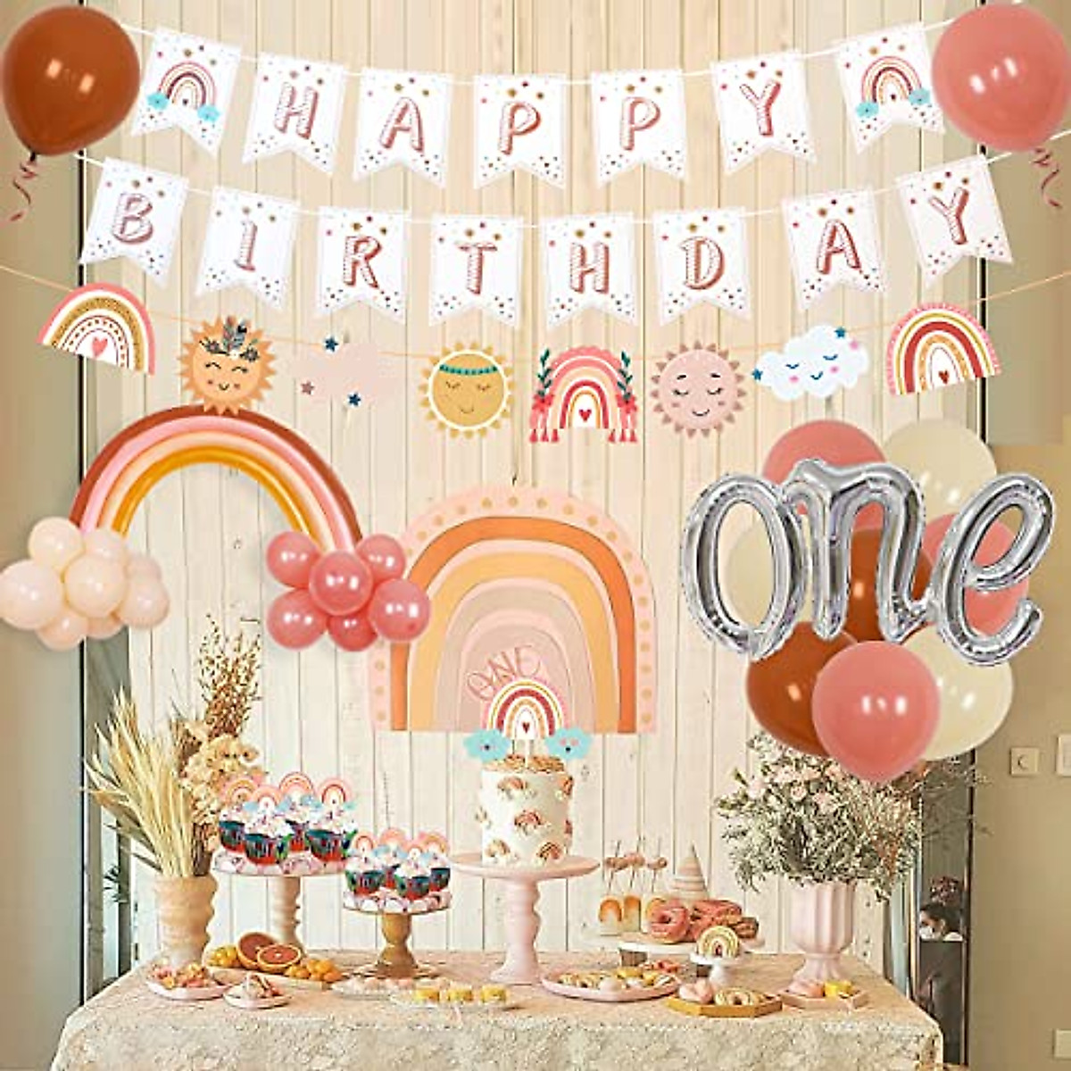 Boho Rainbow 1st Birthday Decorations, Bohemian Rainbow Balloon Happy Birthday Banner Cake Toppers for Girls First Birthday Party Supplies