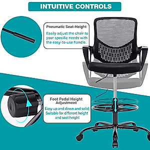 Tall Office Chair, Drafting Chair, Standing Desk Chair, High Adjustable Office Mesh Chair, Ergonomic Counter Height Computer Rolling Chair with Armrests and Foot-Ring for Bar Height Desk