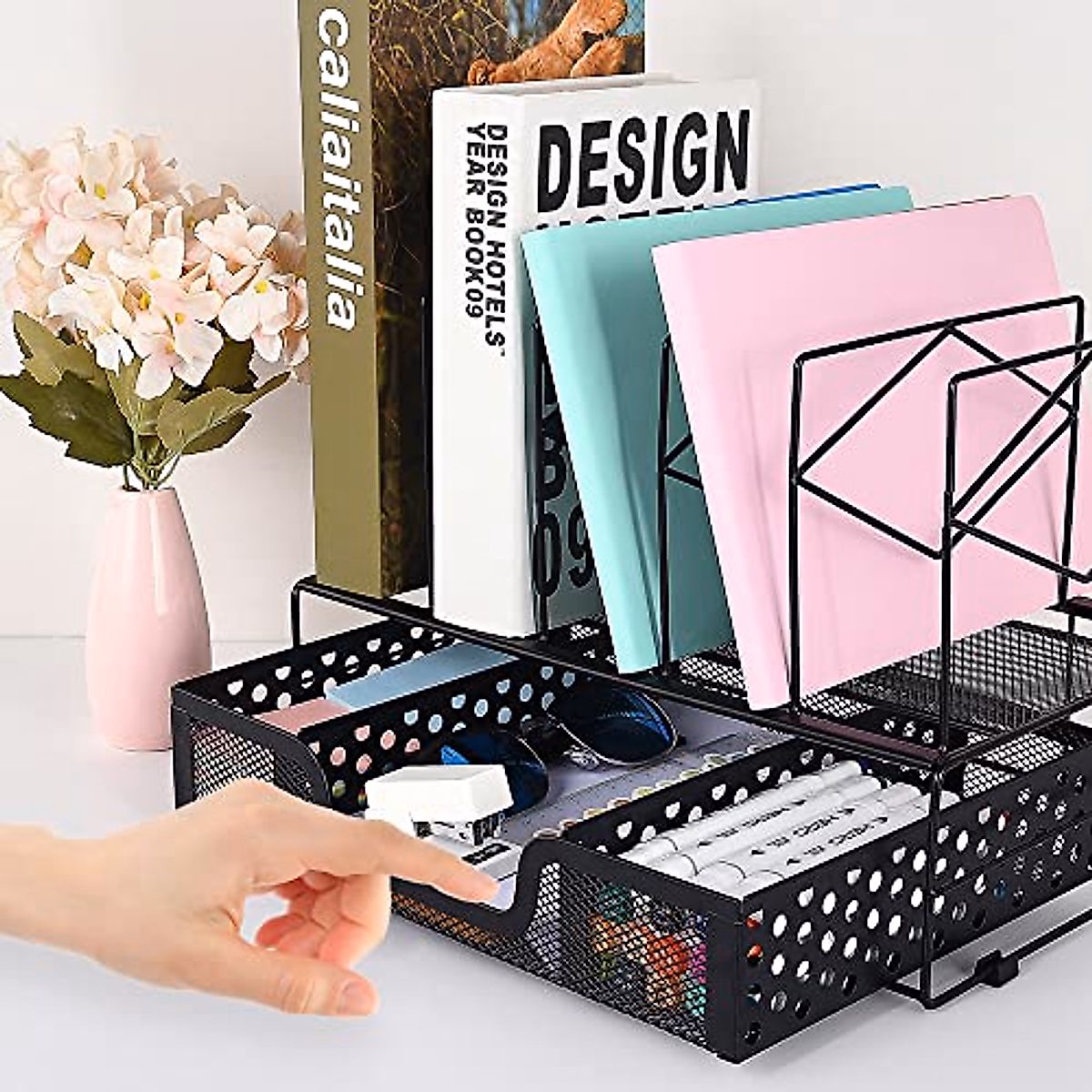 Spacrea Desk Organizers and Accessories, File Folder Holders Desktop Organization with 5 Upright Sections & Drawer, Great for Workspace College Dorm Home Office（Black）
