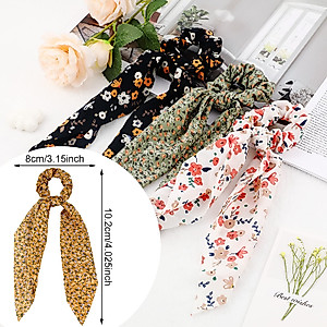 Chuangdi 10 Pcs Hair Scrunchies Hair Scarf with Ribbon Bunny Ears Chiffon Floral Bow Ponytail Holder Boho Elastic Floral Ropes 2 in 1 Vintage Accessories for Women