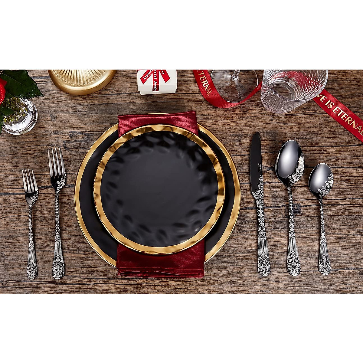 Fivent 24-Piece Black Floral Damask Rose Silverware Set, Service for 4, Stainless Steel Flatware Set with Steak Knives, Mirror Polished Cutlery Set, Hand Wash Recommended