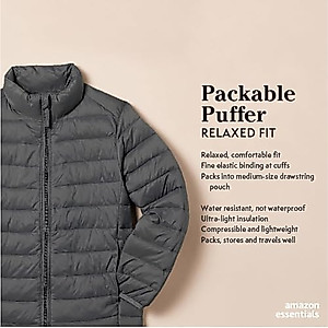 Amazon Essentials Boys' Lightweight Water-Resistant Packable Puffer Jacket, Black, Small