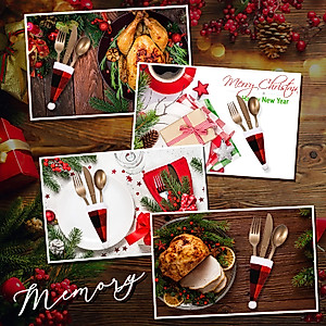 Sawysine 36 Pcs Christmas Santa Hats Silverware Holders Plaid Xmas Dinnerware Decorations Table Supplies Flatware Organizers Decor for Cutlery Party Dinner