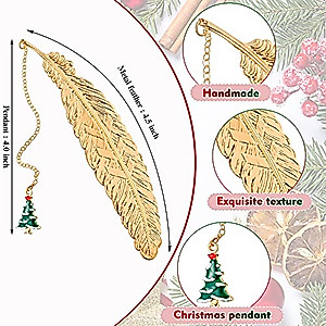 6 Pieces Christmas Series Metal Feather Pendant Bookmarks 3D Gold Feather Bookmarks Vintage Feather Bookmarks Beautiful Gi ft for Kids Students Teachers Friends Reading Page Marker Bookend
