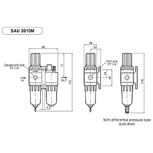 PneumaticPlus SAU2010M-N02G Mini Two-Unit Compressed Air Filter Regulator Lubricator Piggyback Combo 1/4" NPT - Poly Bowl, Manual Drain, Gauge